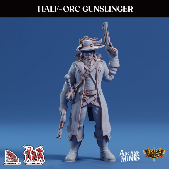 3D Printable Half-Orc Gunslinger - Merchant Guilds by Arcane Minis