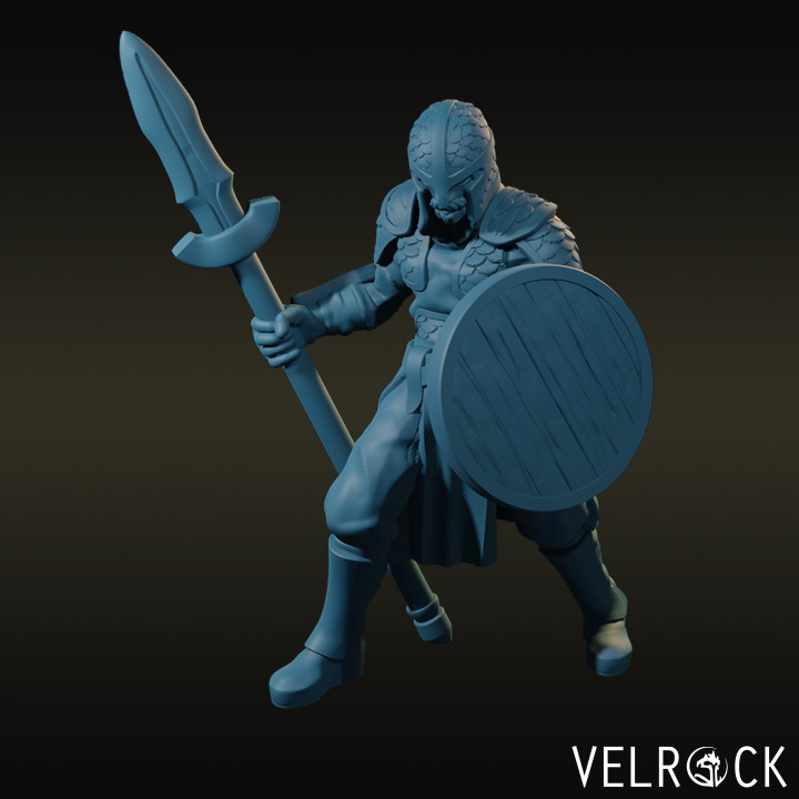 3D Printable Town Guard with Spear and Shield by Velrock Art Miniatures