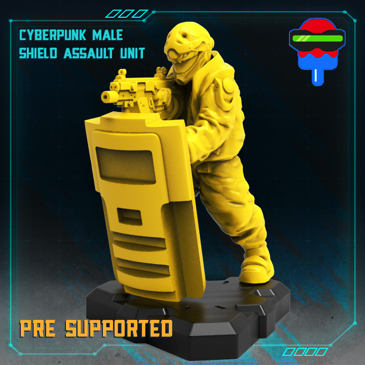3D Printable CYBERPUNK MALE SHIELD ASSAULT UNIT by PAPSIKELS MINIATURES