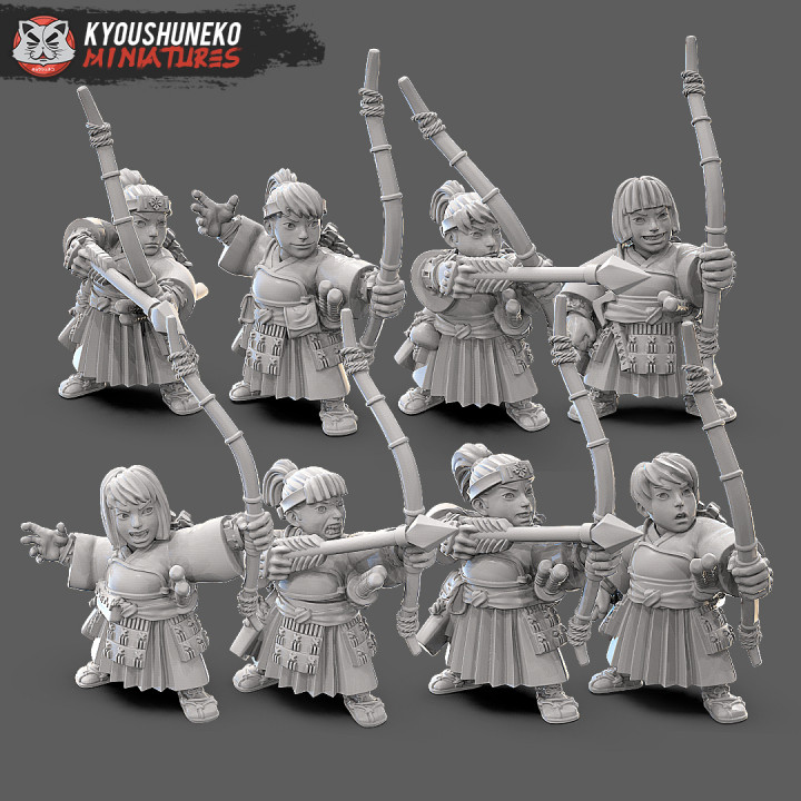 3D Printable Dwarf Female Samurai Archers by Kyoushuneko Miniatures