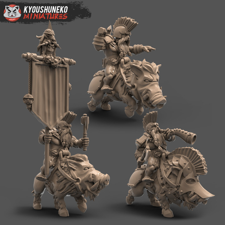 3D Printable Dwarf Mounted Slayer Command Group by Kyoushuneko Miniatures
