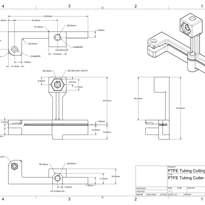 3D Printable Cantilever PTFE Tubing Cutter by Daniel Weith