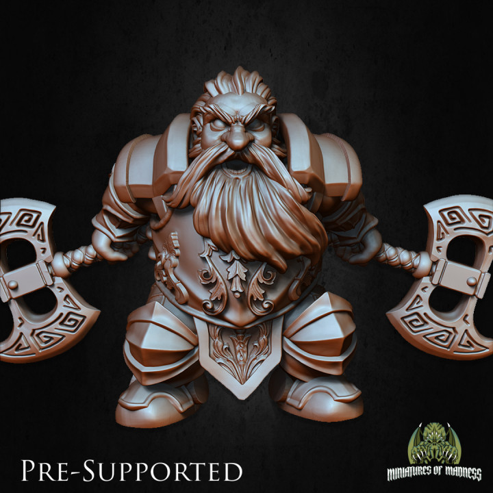 3D Printable Sinar The Fearless [PRE-SUPPORTED] Dwarf Fighter by Miniatures of Madness