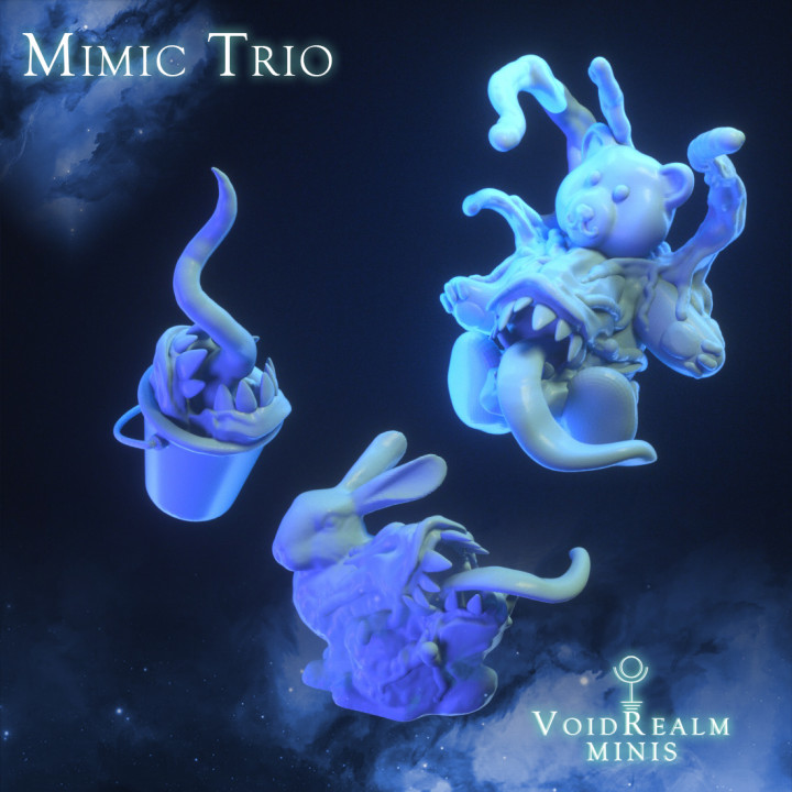 3D Printable Mimic Trio (Teddy Bear, 3D Rabbit, Bucket) by VoidRealm Minis