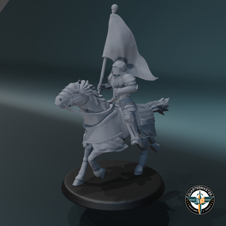 3D Printable Knight with Banner on Foot and Mounted by Quartermaster3D