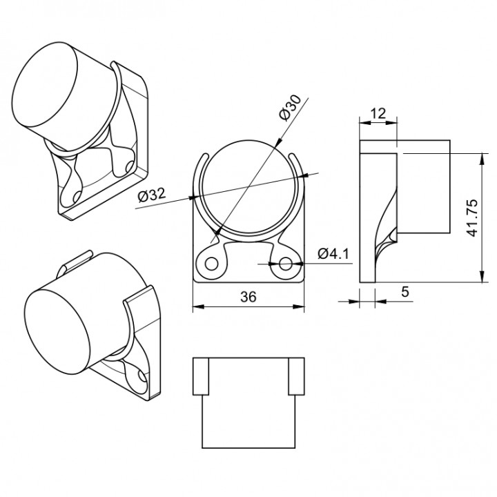 3D Printable Closet Bracket for 30mm diameter rod by David Bulnes