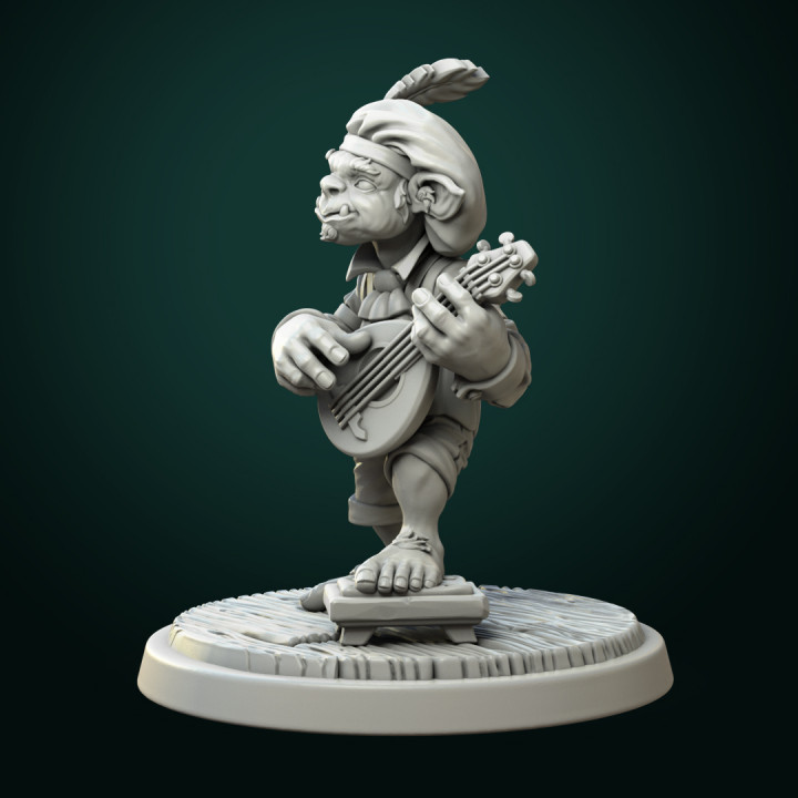 3D Printable Goblin bard pre-supported by White Werewolf Tavern