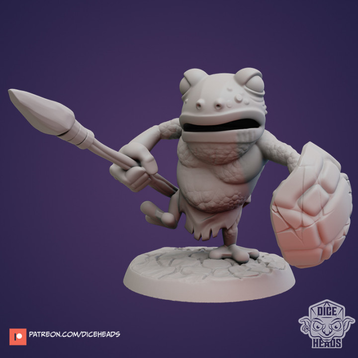 3D Printable Frogfolk (sheild & spear) (Pre-supported included) by Dice Heads