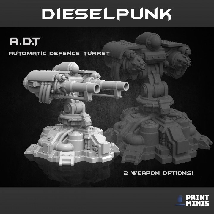 3D Printable Auto Defence Turret x2 - Dieselpunk Collection by Print Minis