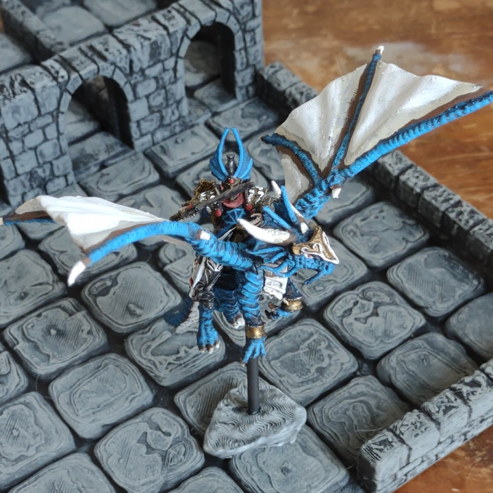3D Print of Elf Hero on Dragon miniature (28mm, modular) by InsideReticle