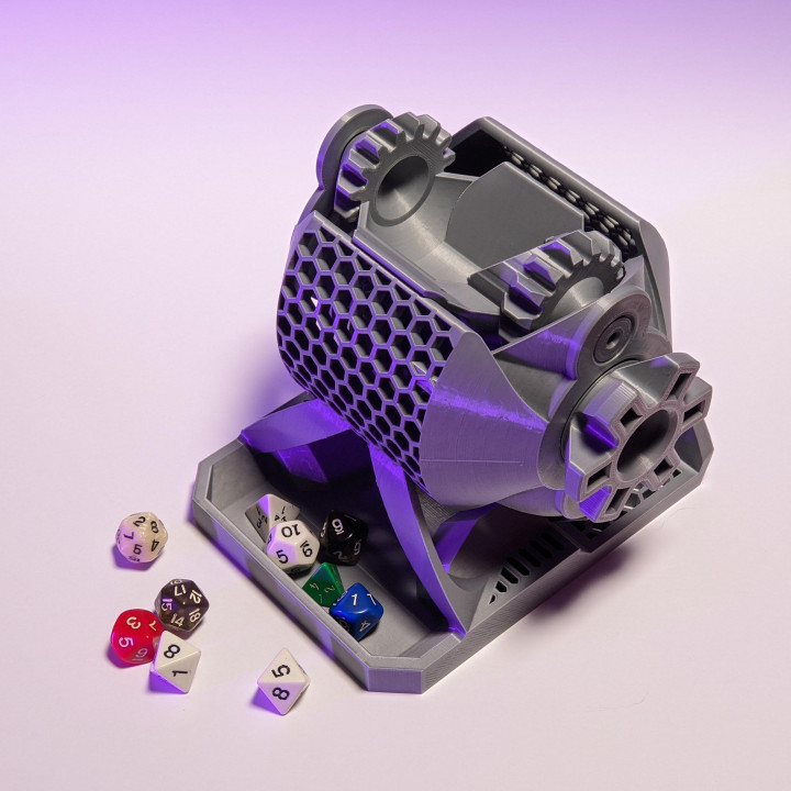 3D Printable Dice-O-Matic Geared Dice Roller by Clockspring