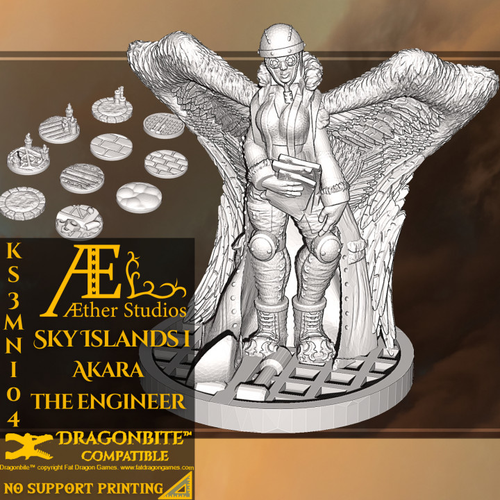 3D Printable KS3MNI04 - Akara the Engineer and bases by Aether Studios