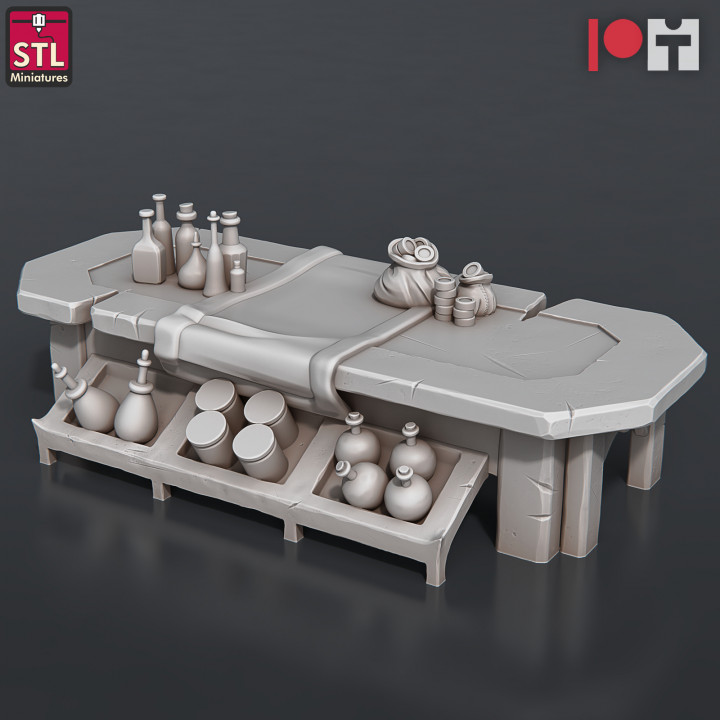 3D Printable Potion Vendors Table by STL Miniatures