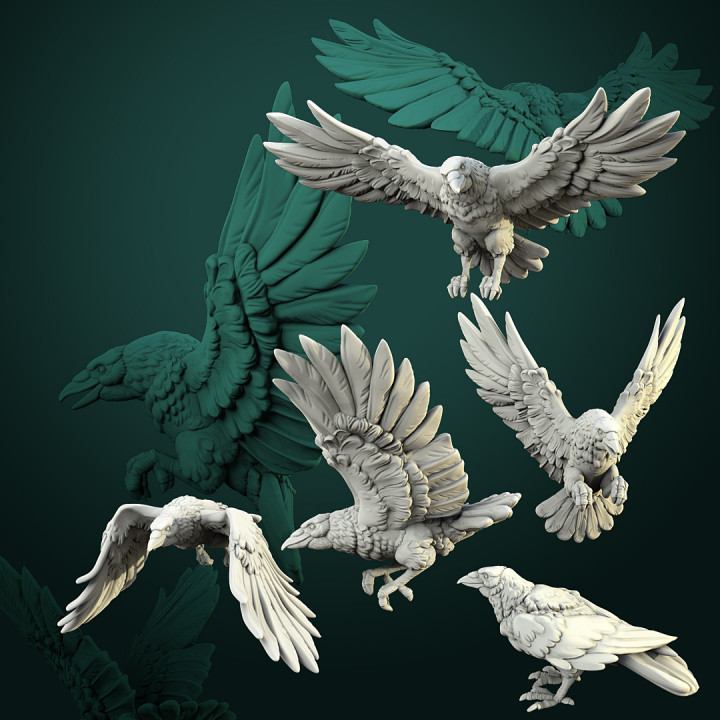 3D Printable Crows set 5 miniatures pre-supported by White Werewolf Tavern