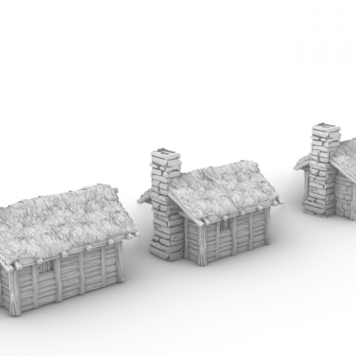 3D Printable 6 Small Shacks- 3 Stone 3 Wood with Thatch Roof by GameScape3D
