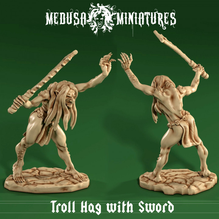 3D Printable Classic Style Troll Hag with Sword by Medusa Miniatures