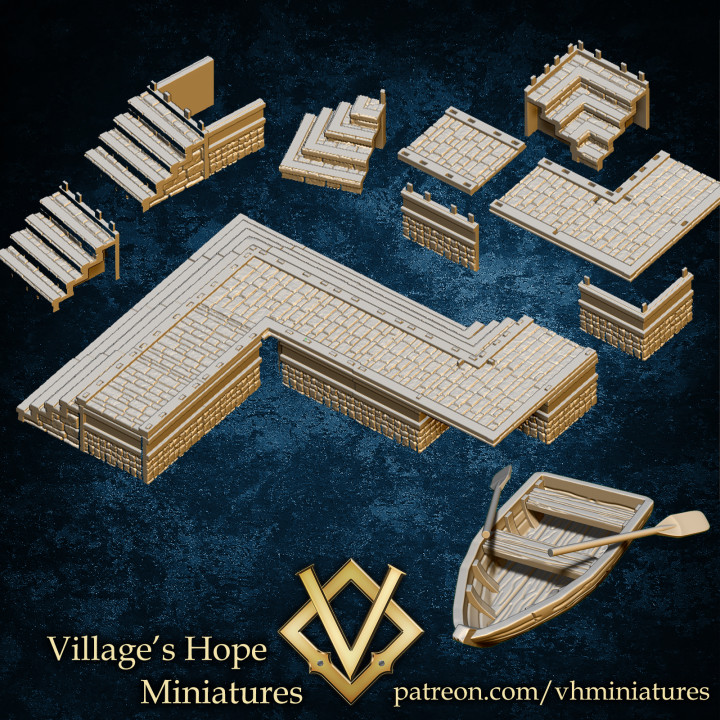 3D Printable modular port and small boat by Village's Hope Miniatures
