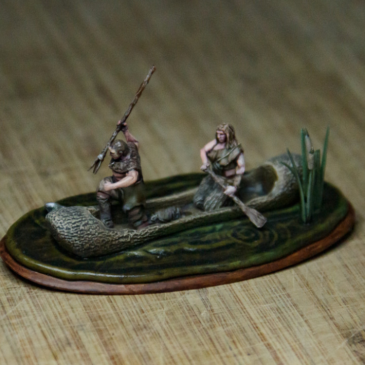 3D Printable Neanderthal Fishing couple in boat by Gadgetworks