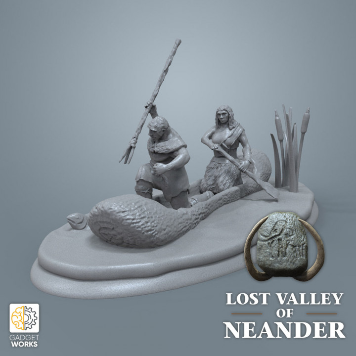 3D Printable Neanderthal Fishing couple in boat by Gadgetworks