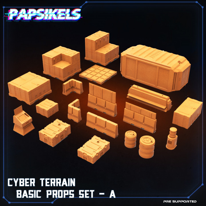 3D Printable CYBER TERRAIN BASIC PROPS SET - A by PAPSIKELS MINIATURES