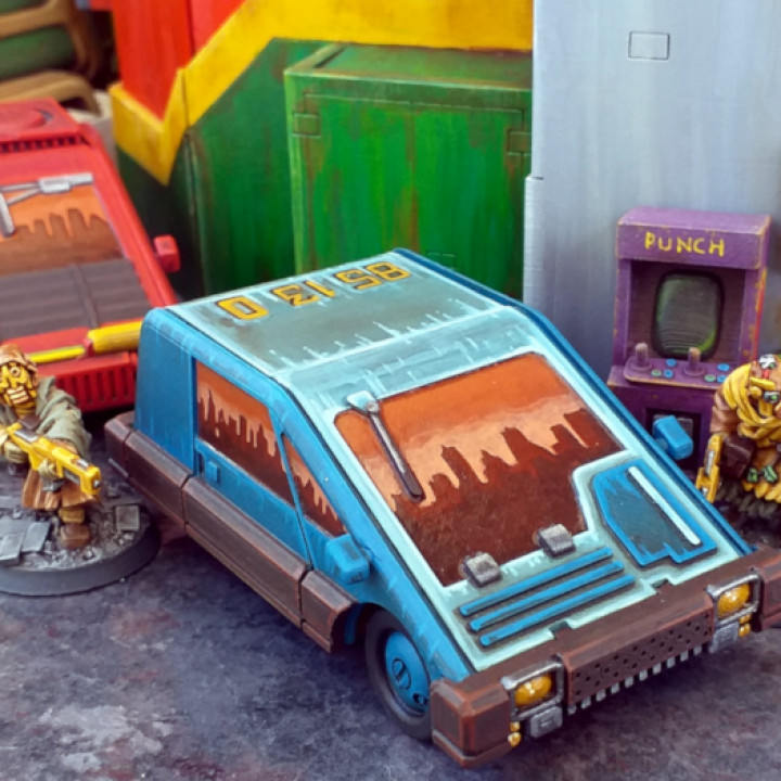 3D Printable Cyberpunk Compact Cars by Tabletop Terrain