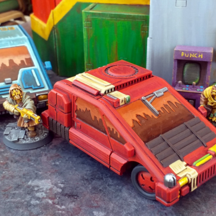 3D Printable Cyberpunk Compact Cars by Tabletop Terrain