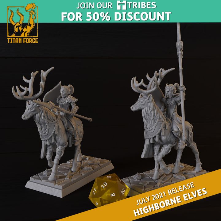 3D Printable Highborn Elves Regal Guards on Stags by Titan Forge Miniatures