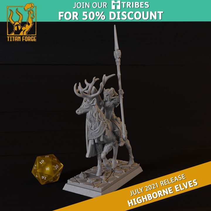 3D Printable Highborn Elves Regal Guards on Stags by Titan Forge Miniatures