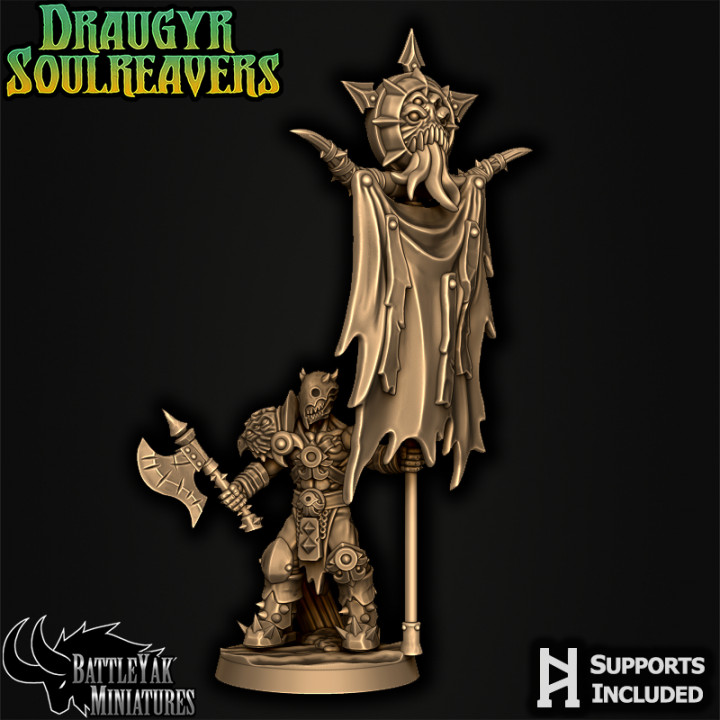 3D Printable Dreyurg Marauder Banner-Bearer by Battle Yak Miniatures