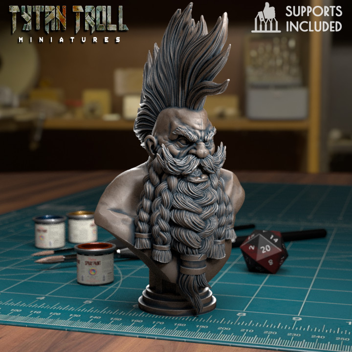 3D Printable Dwarf Mohawk Bust [Pre-Supported] by TytanTroll Miniatures