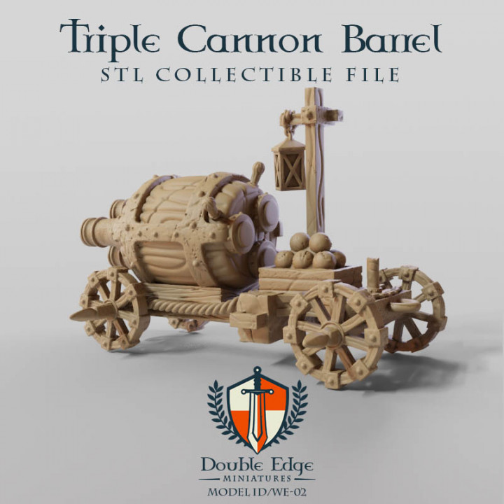 3D Printable TRIPLE CANNON BARREL - WE-02 by Double Edge Miniatures