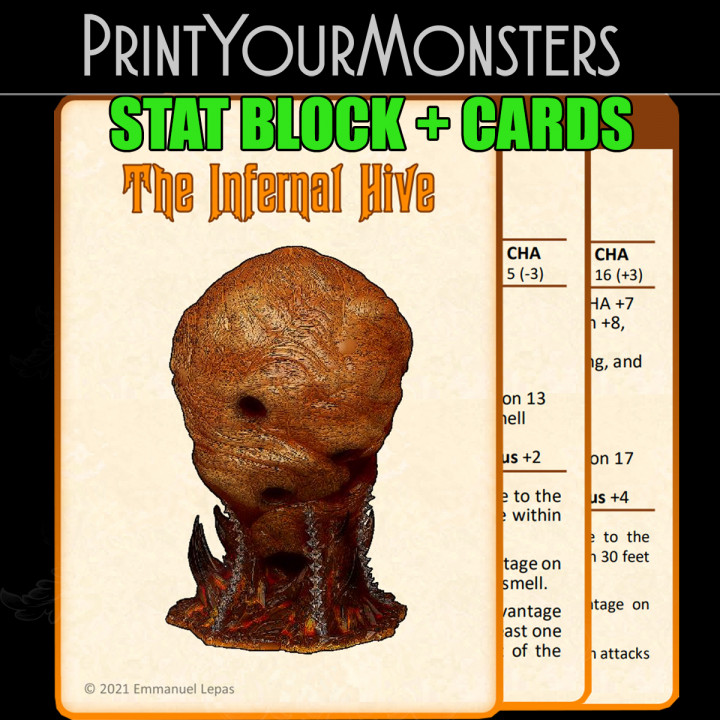 3D Printable THE INFERNAL HIVE-STAT BLOCK + CARDS by PrintYourMonsters