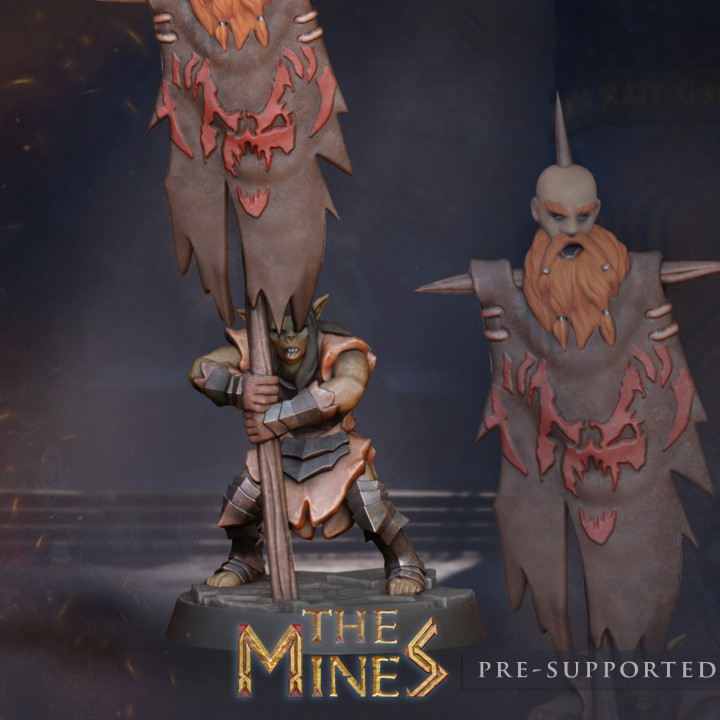 3D Printable Goblin Banner-Bearer Tabletop Miniature by The Mines