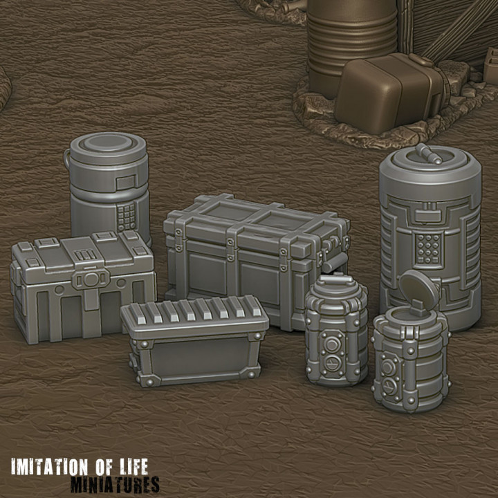 3D Printable Tech boxes and barrels by Imitation of Life Miniatures