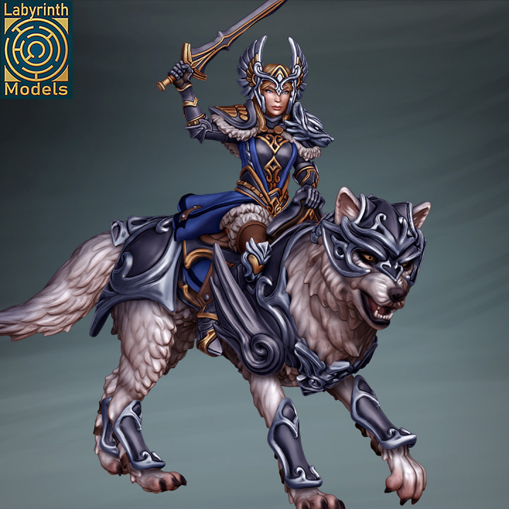 3D Printable Valkyrie Cavalry (riding Giant Snow-Wolves) - 32mm scale ...