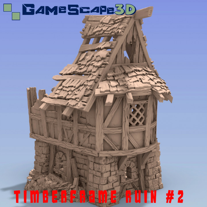 3D Printable Timber Frame Ruin #2 (2 roof variations) by GameScape3D