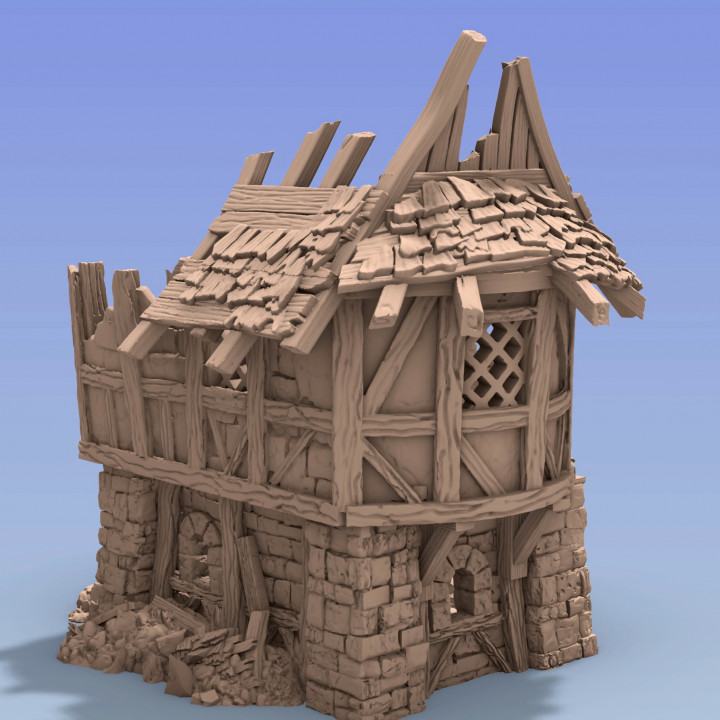 3D Printable Timber Frame Ruin #2 (2 roof variations) by GameScape3D
