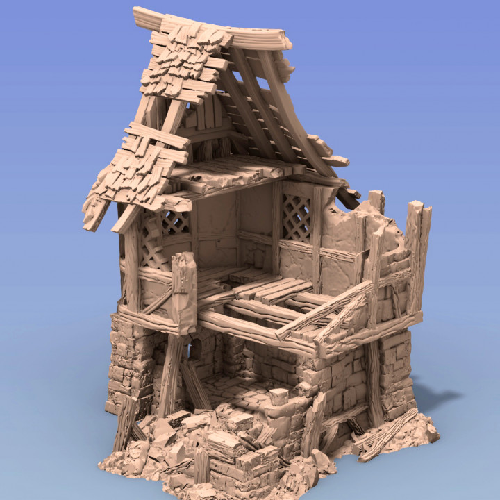 3D Printable Timber Frame Ruin #2 (2 roof variations) by GameScape3D