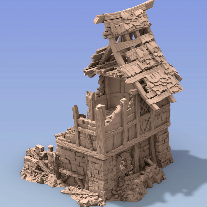 3D Printable Timber Frame Ruin #2 (2 roof variations) by GameScape3D