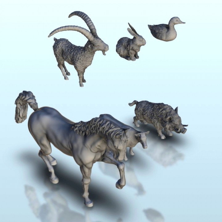 3D Printable Set of farm animals - boar + cow + duck + goat + horse ...