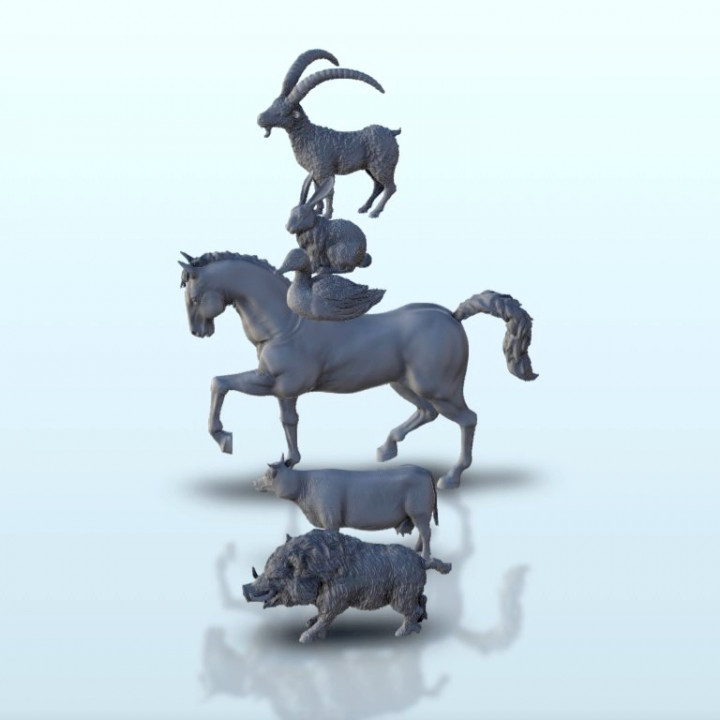 3D Printable Set of farm animals - boar + cow + duck + goat + horse ...