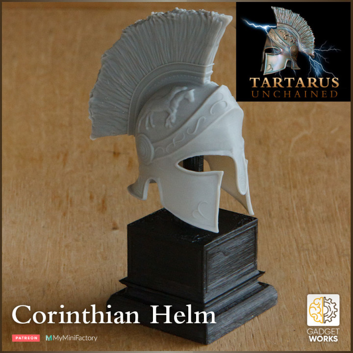 3D Printable Greek Helmet and plinth - Tartarus Unchained by Gadgetworks