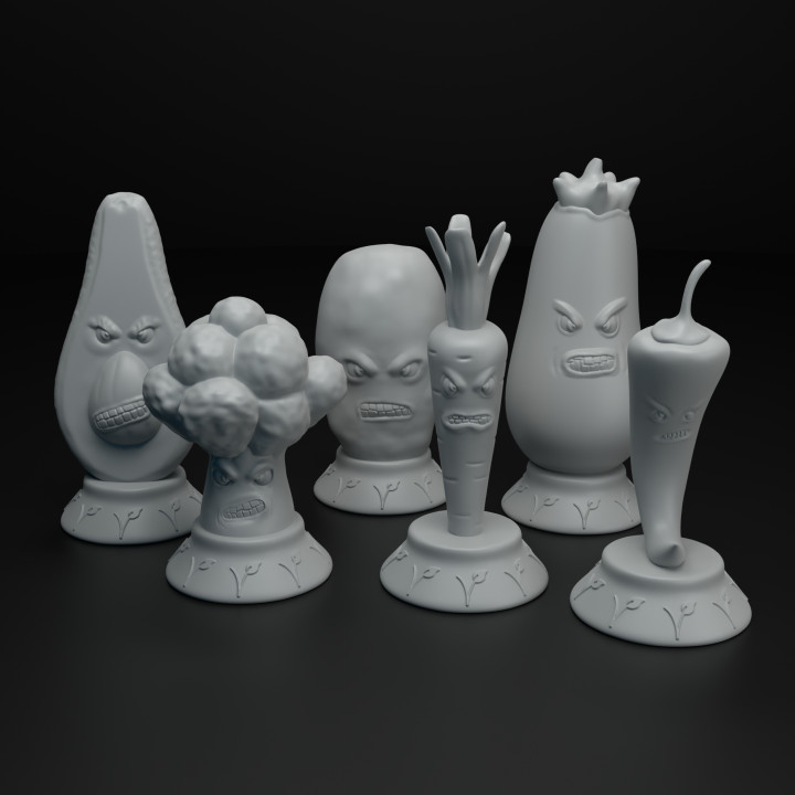 3D Printable Angry vegetables chess pieces set by Dino and Dog