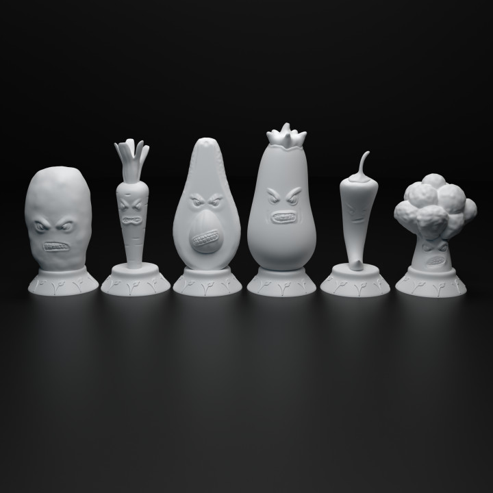 3D Printable Angry vegetables chess pieces set by Dino and Dog