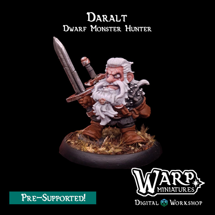 3D Printable Daralt the Dwarf Monster Hunter by Warp Miniatures
