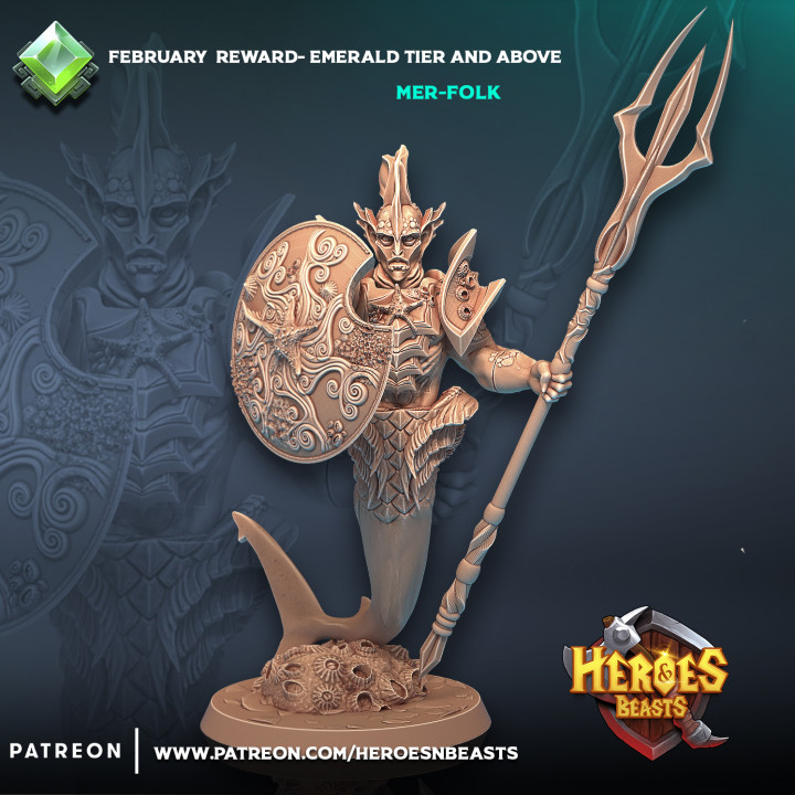 3D Printable mer-folk warrior by Heroes and Beasts