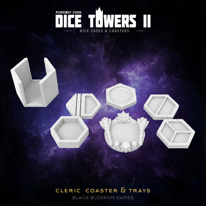3D Printable TC11 Cleric Coaster & Trays :: Possibly Cool Dice Tower 2 by Black Blossom Games