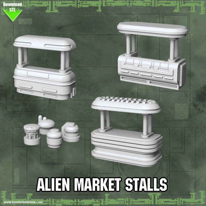 3D Printable Alien Market Stalls by Bombshell Miniatures