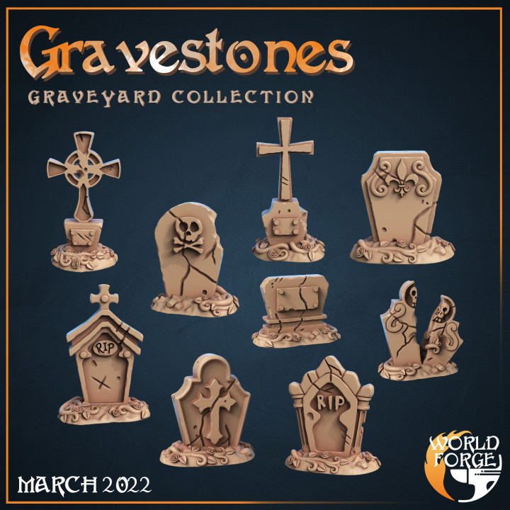 3D Printable Gravestones x9 by World Forge Miniatures