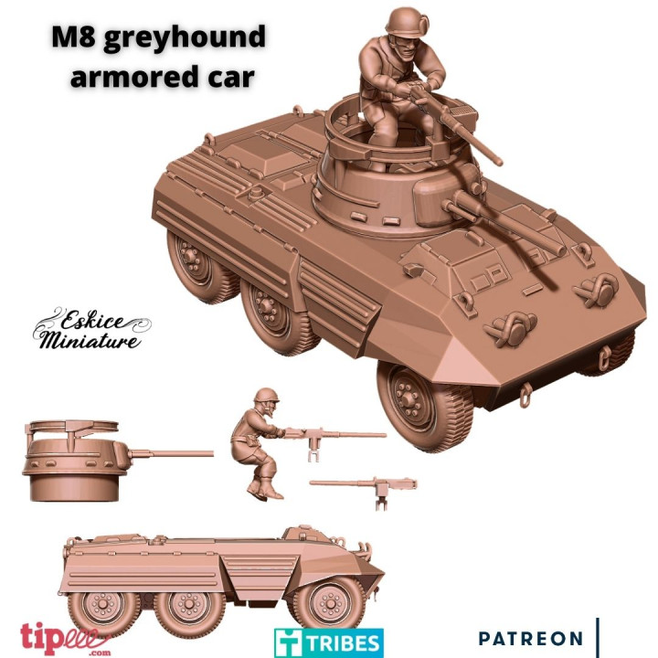 3D Printable M8 Greyhound armored car - 28mm by Eskice Miniature - Aron